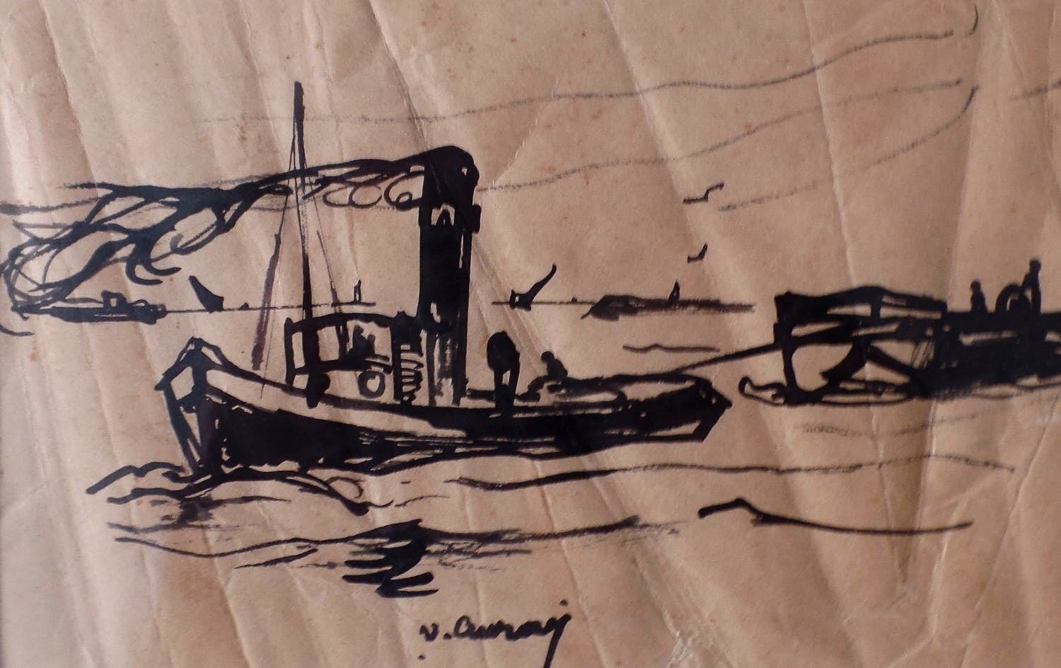 Jan van Anrooy - Sleepboot in de Haven - Tekening Verkocht ...
