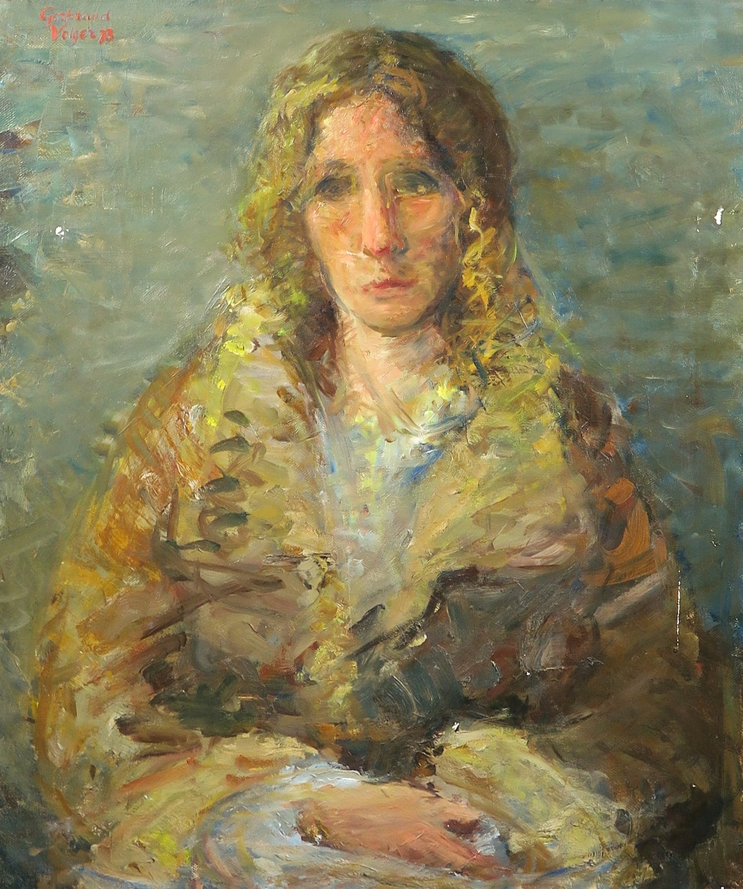 Gerbrand Volger - Olieverf op doek, Portret van een vrouw met bontkraag ...