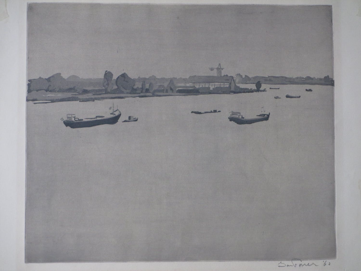 Jan Forrer - Riviergezicht met schepen - Ets Verkocht | Kunstveiling.nl