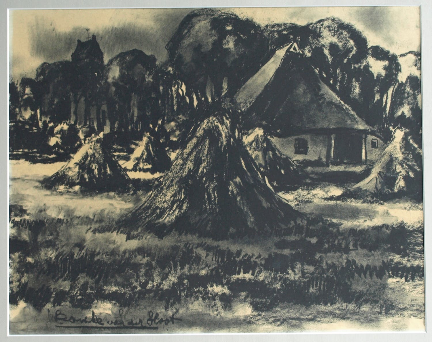 Bouke van der Sloot - Grote ingelijste pasteltekening , Landschap in ...