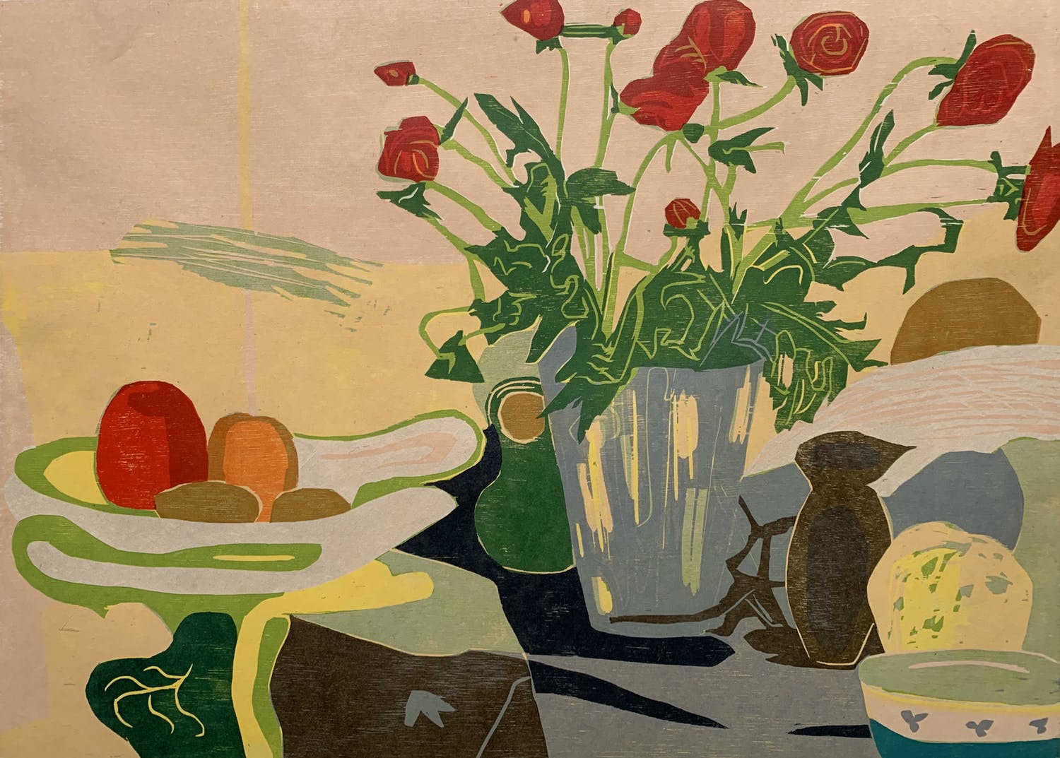 Vincent van Ojen - kleurenhoutsnede - 'Vaas met rozen' - 1991 (Zeer ...