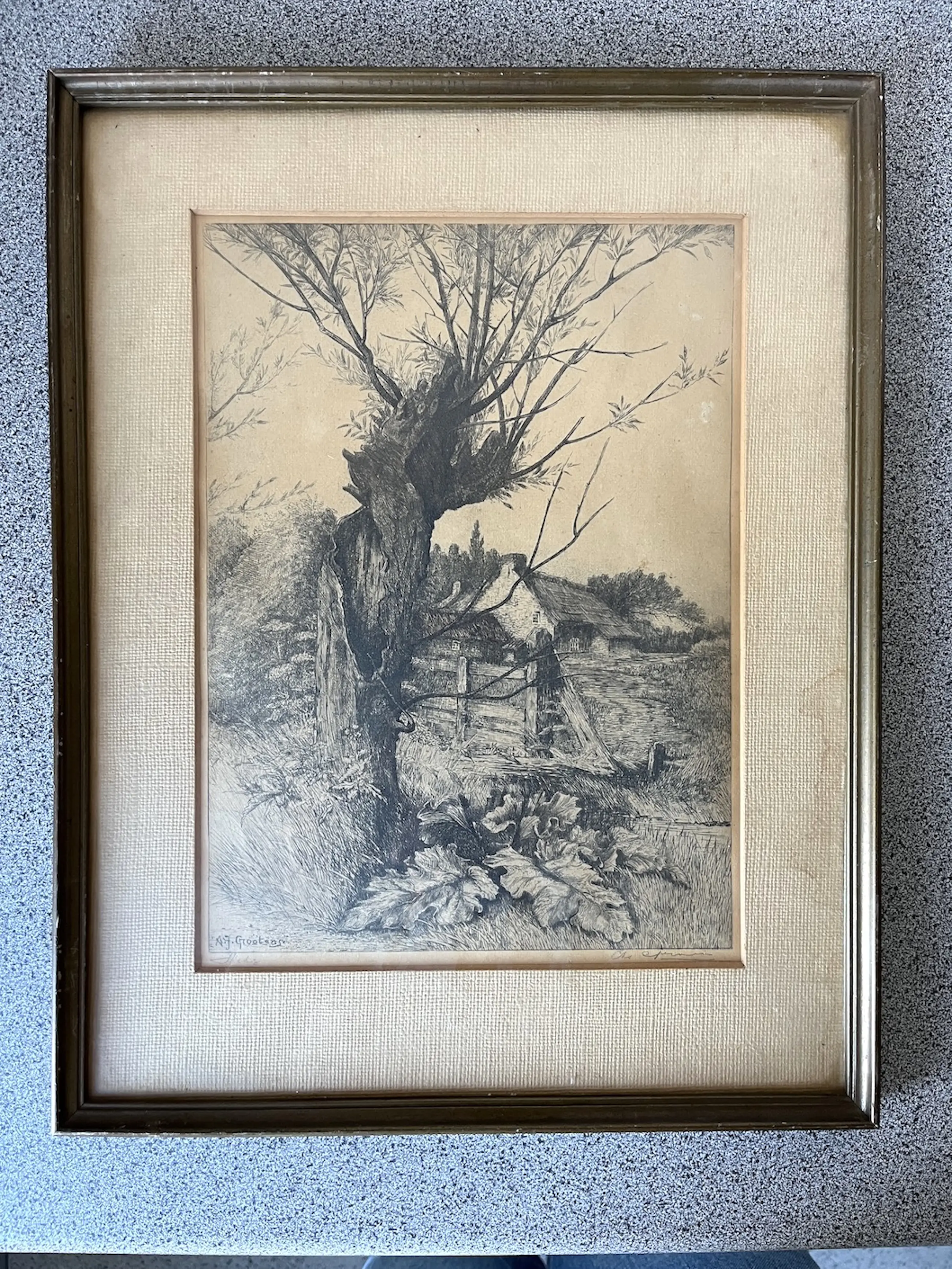 Adrianus Johannes Grootens - Wilg bij boerderij - Lithografie ...