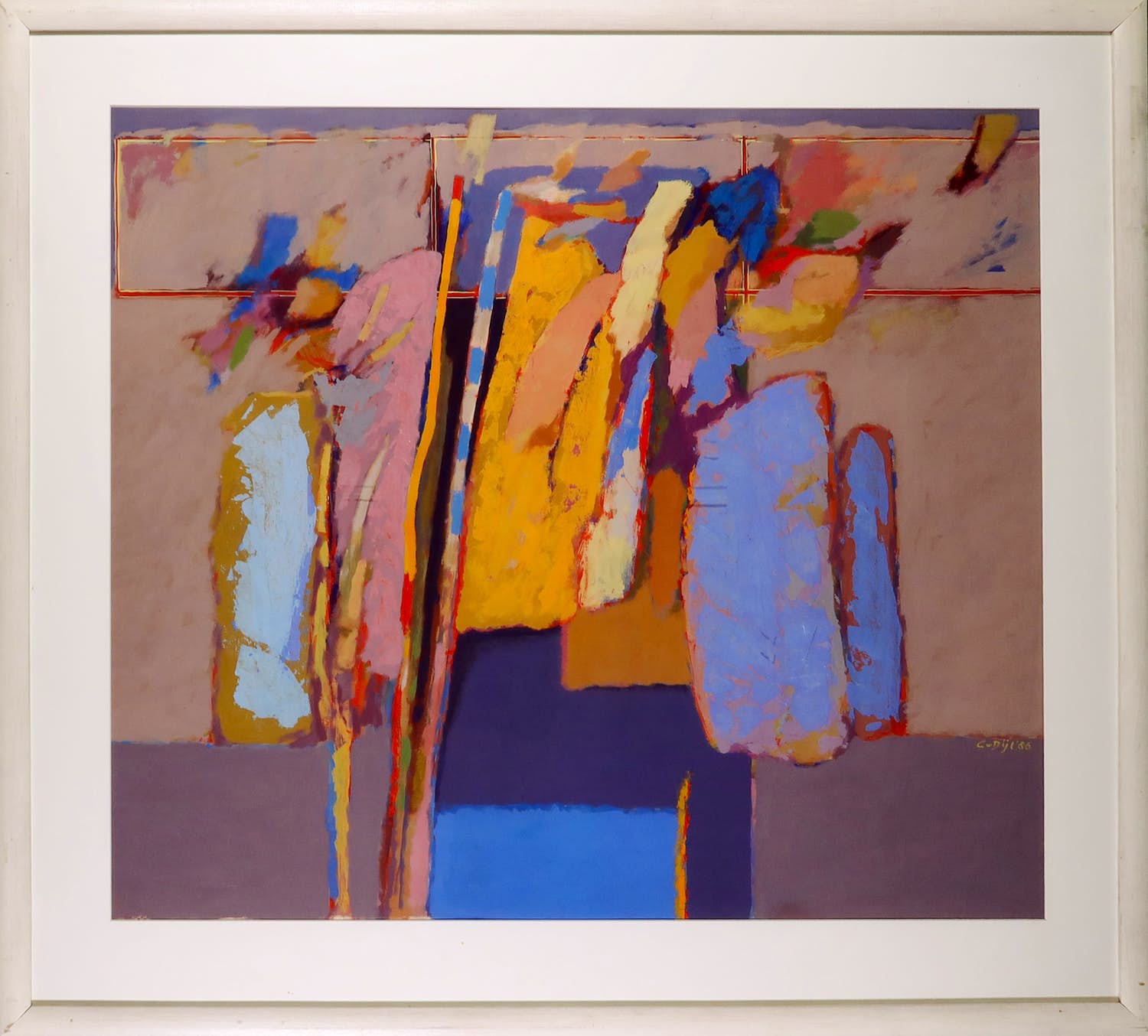 Cees van Dijl - Acryl op papier, Abstracte compositie - Ingelijst (Groot) Verkocht | Kunstveiling.nl