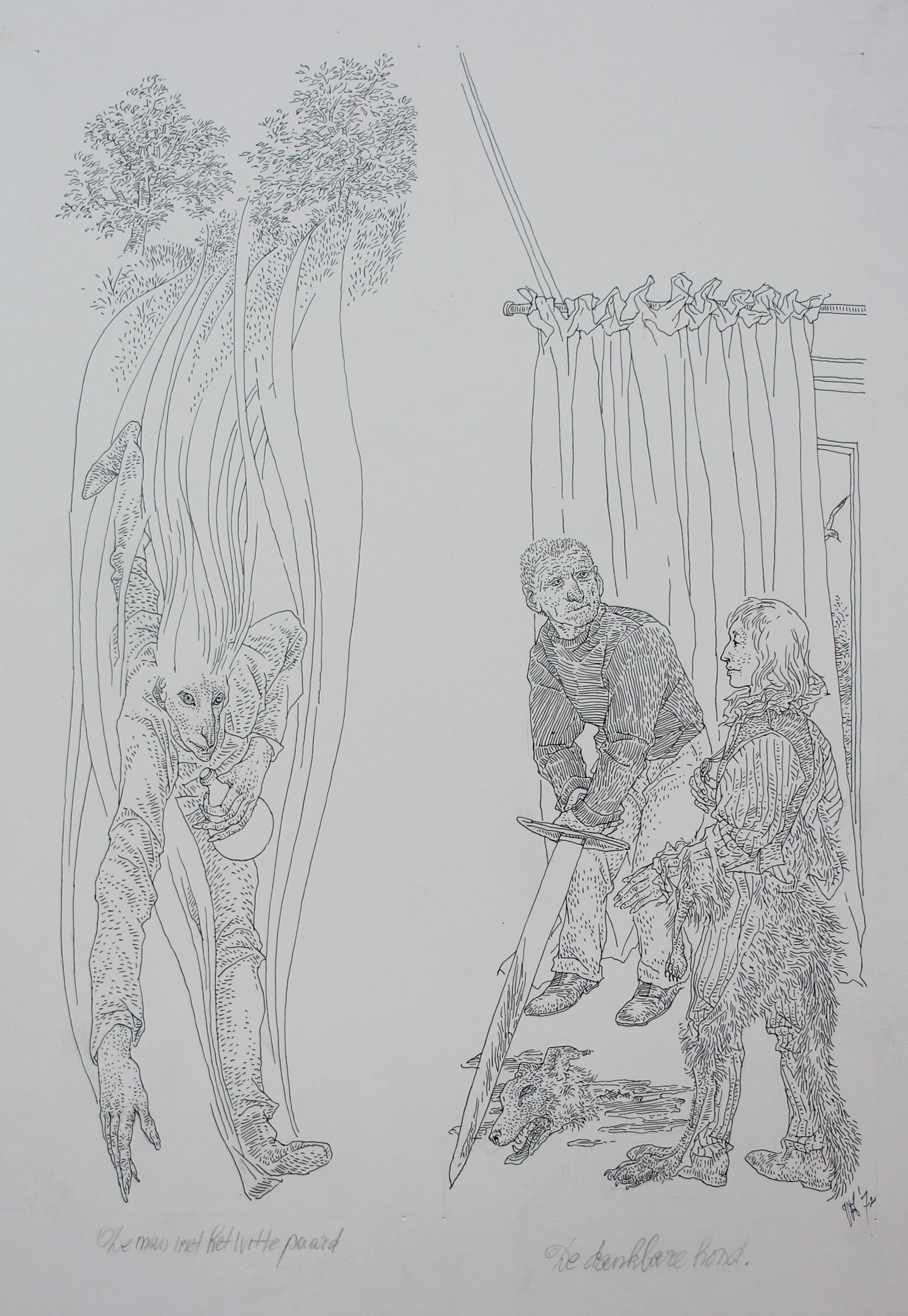 Peter Vos - 2 tekeningen: Illustraties voor een boek - 1972 Verkocht ...