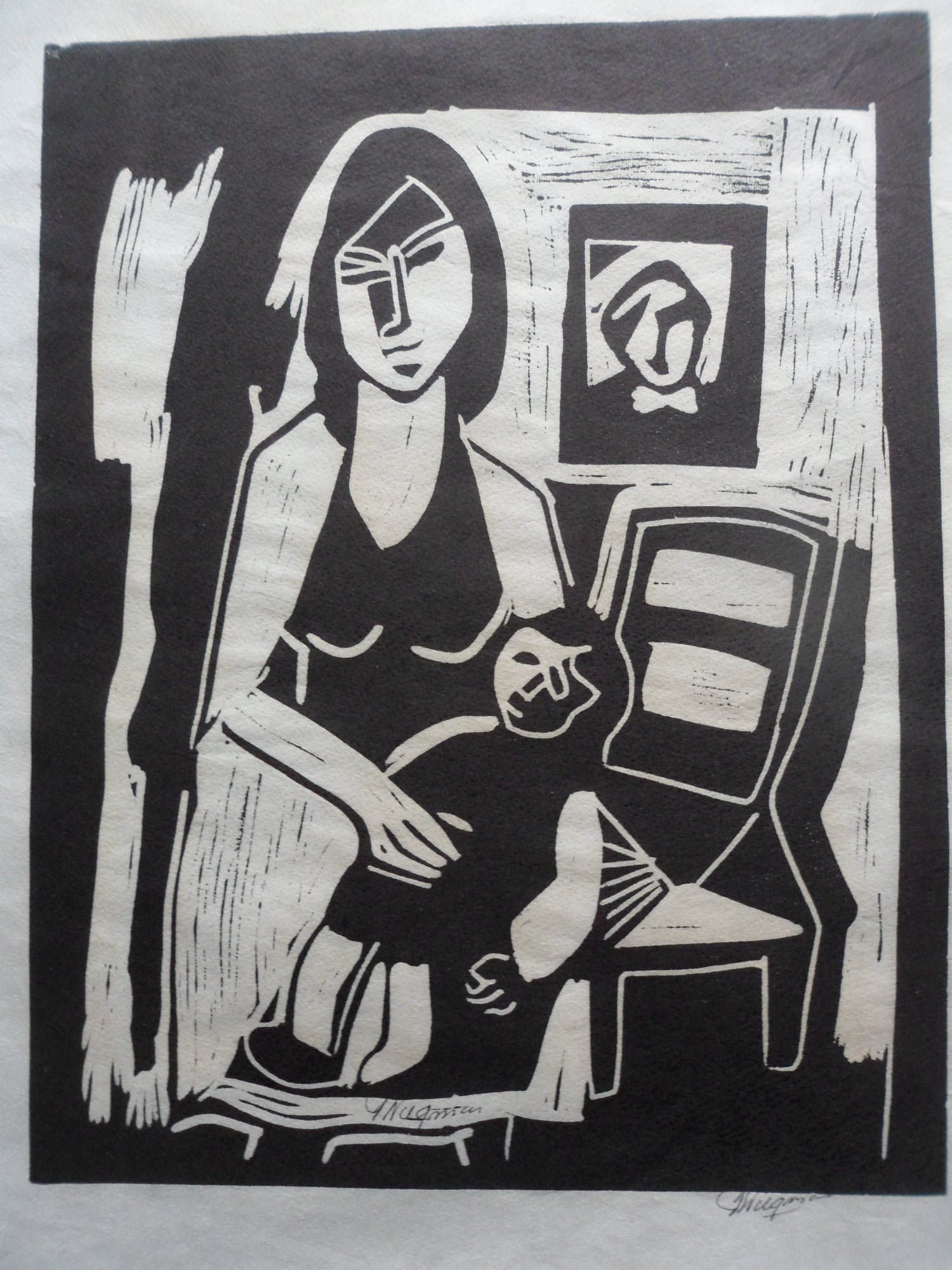 Piet Wiegman (II) - Linoleumsnede op Japans Papier. Moeder ontmoet kind ...