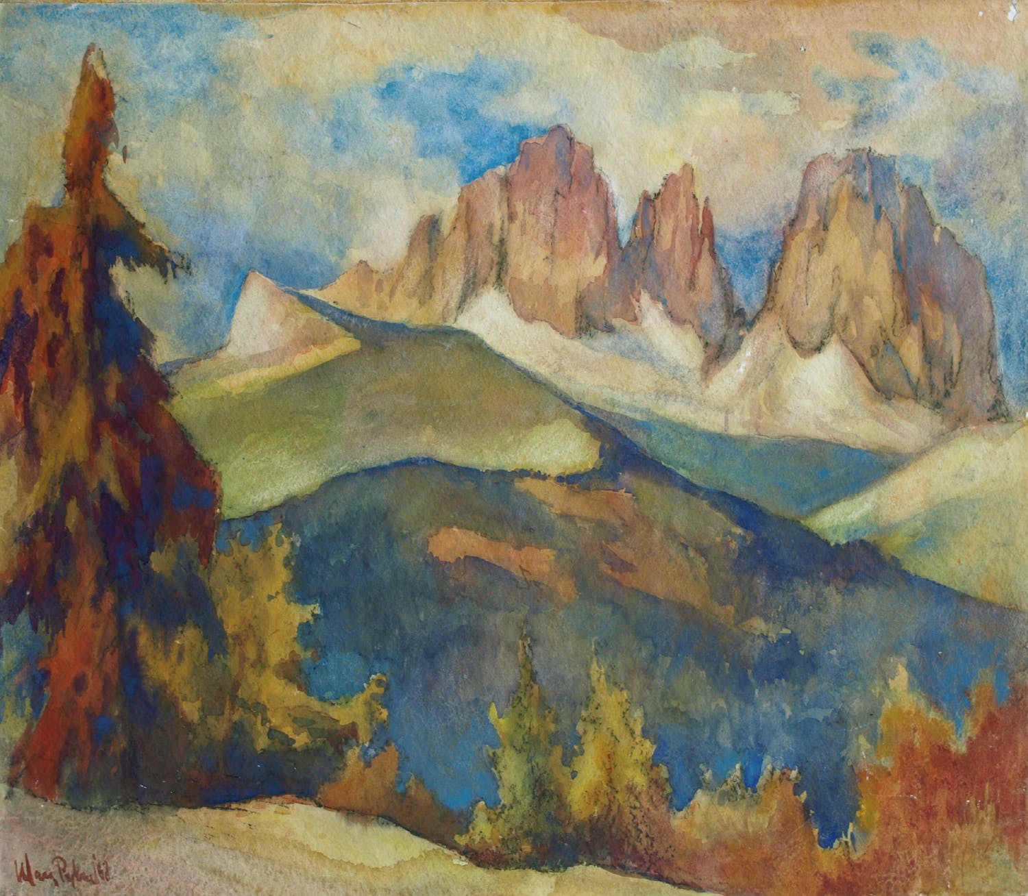 Klaas Pijlman - Aquarel , Sassolungo , Dolomieten , Italië – 1968 ...