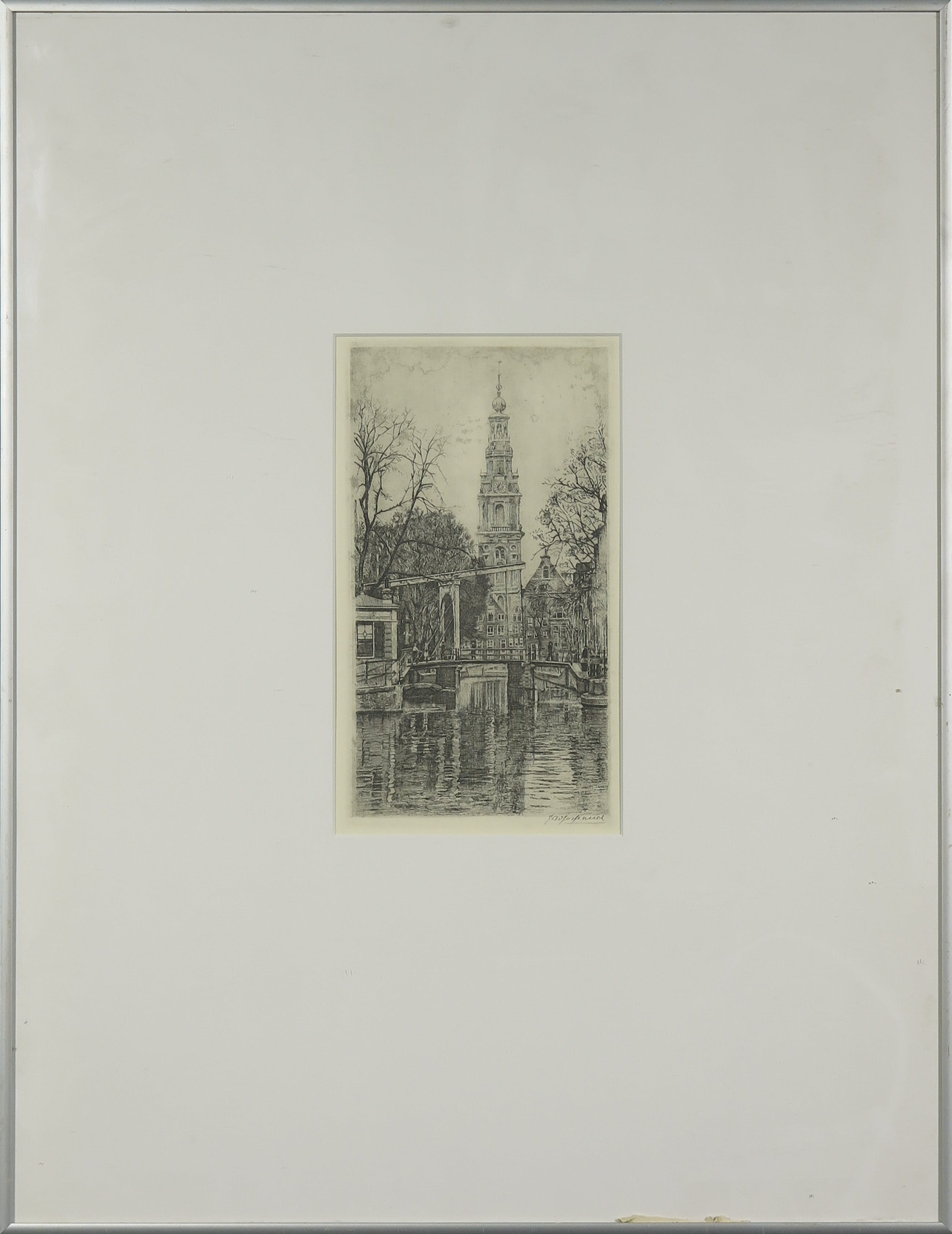 Johannes Josseaud - Ets, Gezicht op de Zuiderkerk in Amsterdam - Ingelijst kopen? Bied vanaf 1!