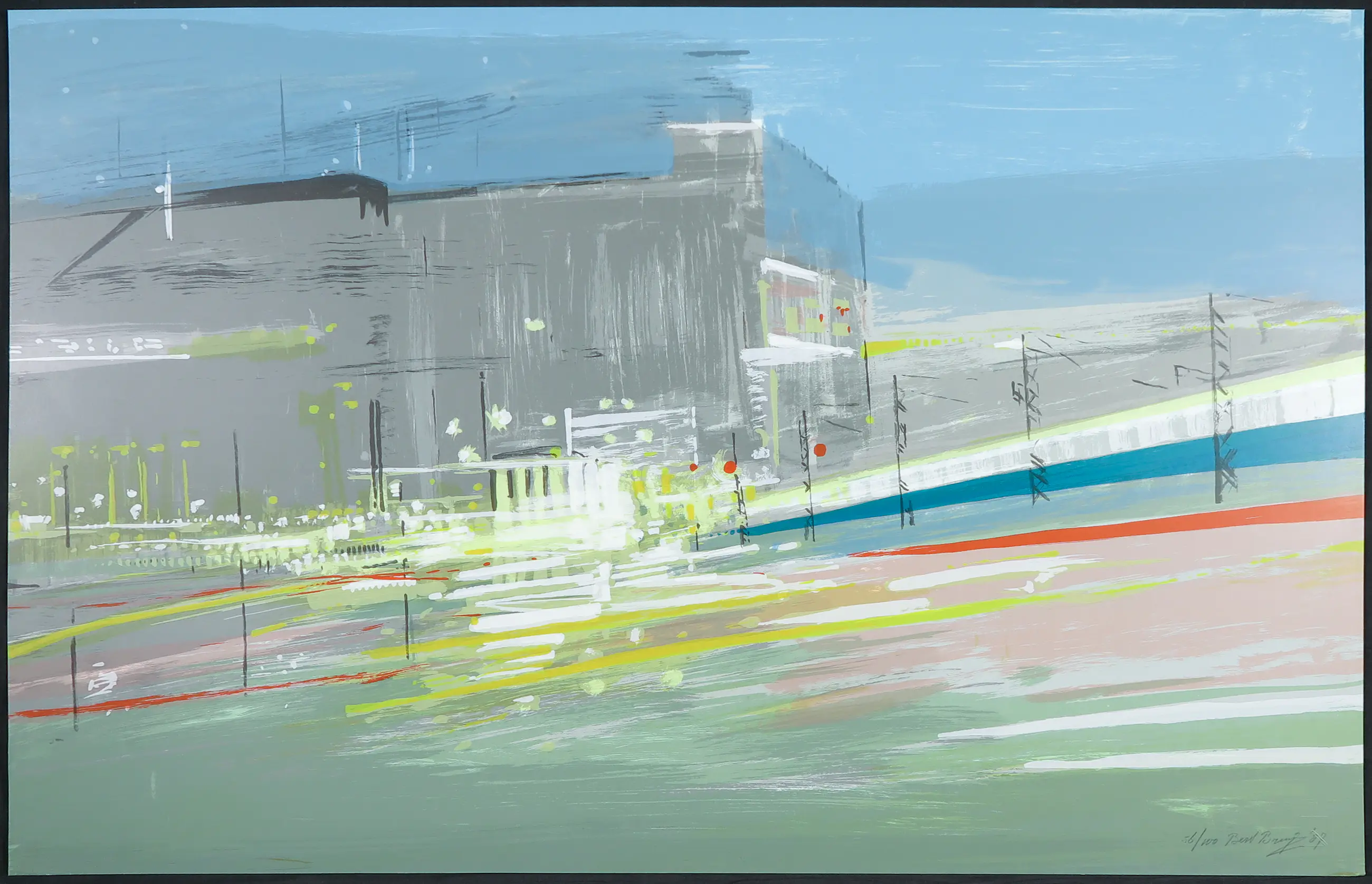 Bert Bruijn - Zeefdruk, Haagse spoor bij avond Verkocht | Kunstveiling.nl