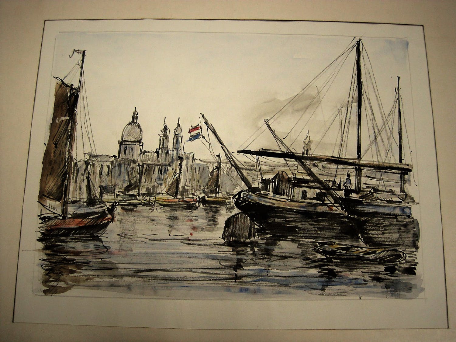 Louis van der Pol - Fraaie gesigneerde Aquarel "Boten Prins Hendrikkade ...