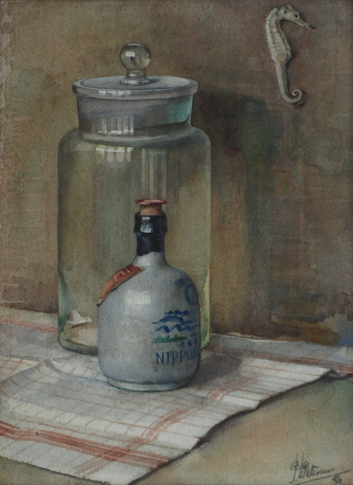 Niet of onleesbaar gesigneerd - Ingelijste aquarel , Stilleven met fles, pot, theedoek en ...