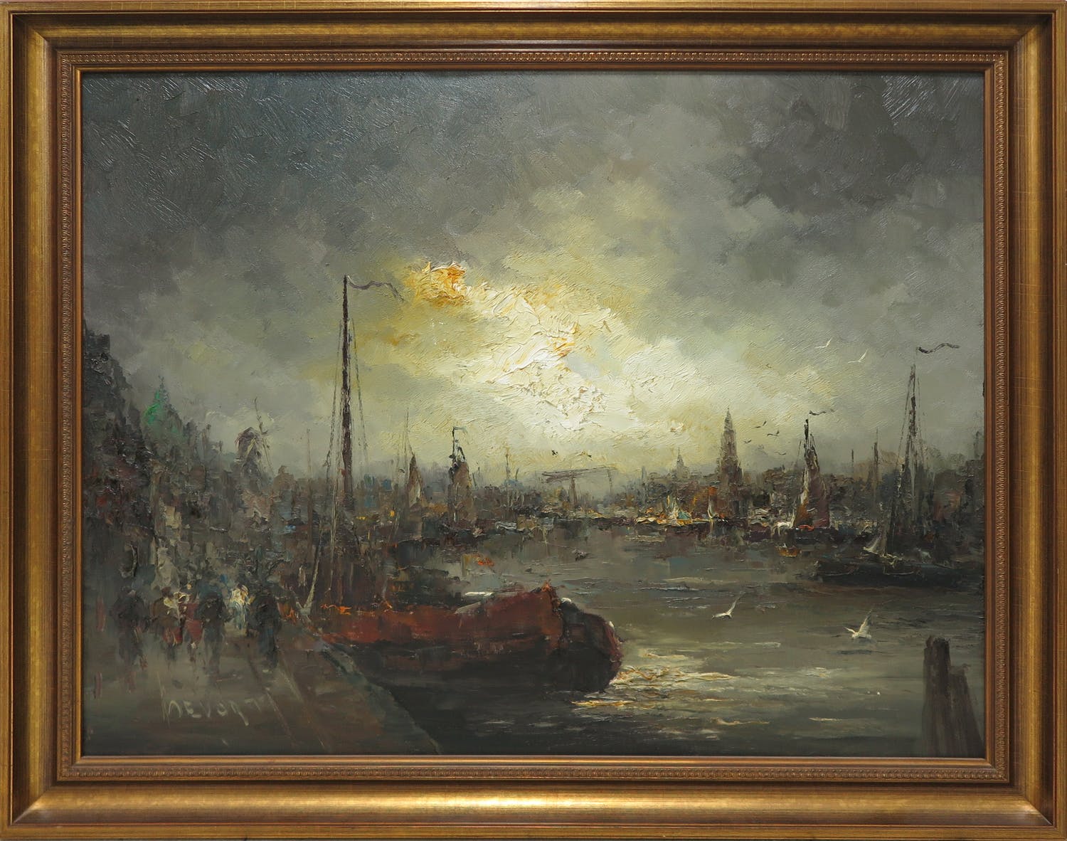 Jan Bevort - Olieverf op doek, Gezicht op Amsterdam - Ingelijst (Groot ...