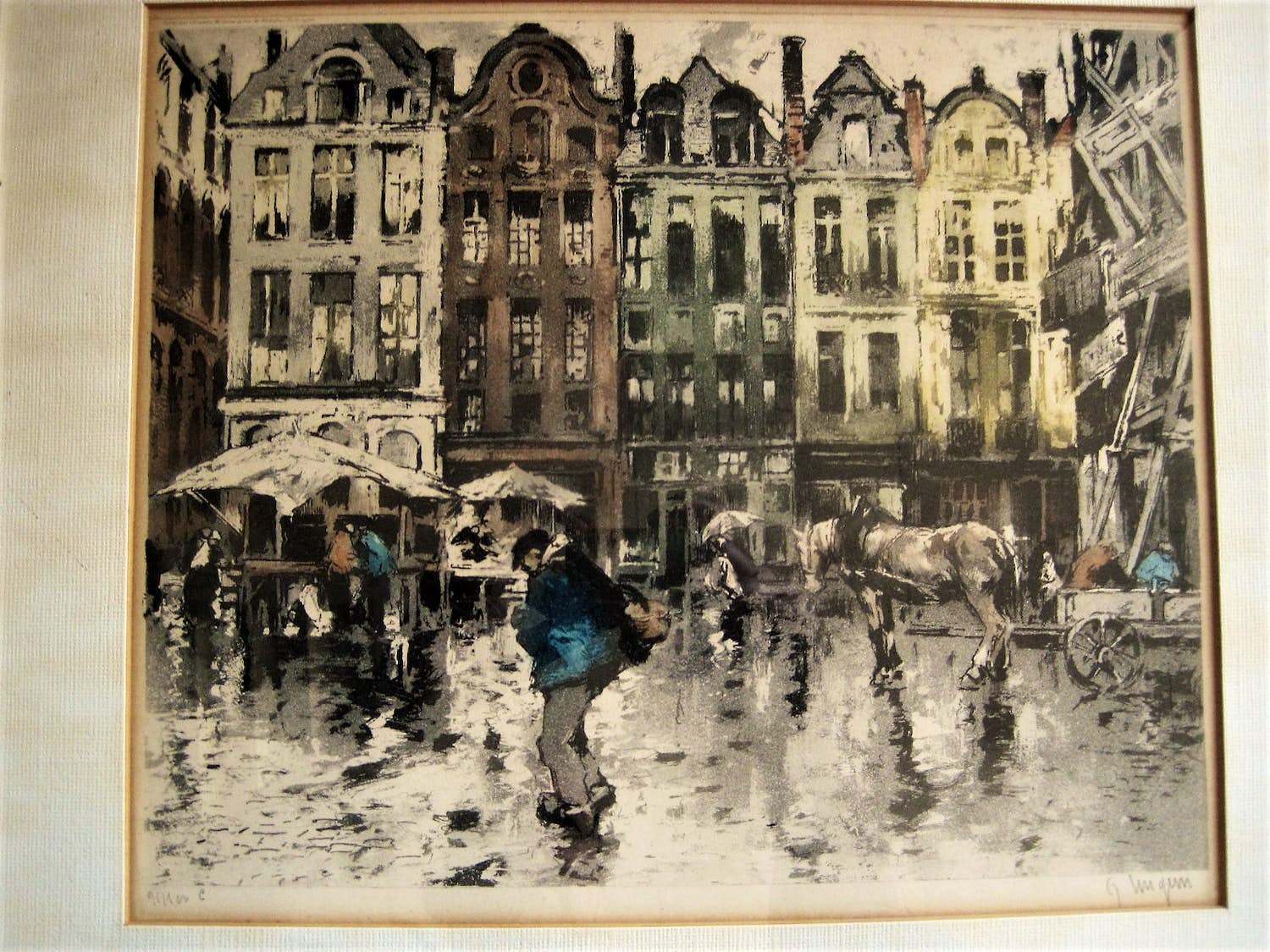 Ferdinand Luigini - Grote 95/100 gekleurde Ets - Stadsplein met Markt ...