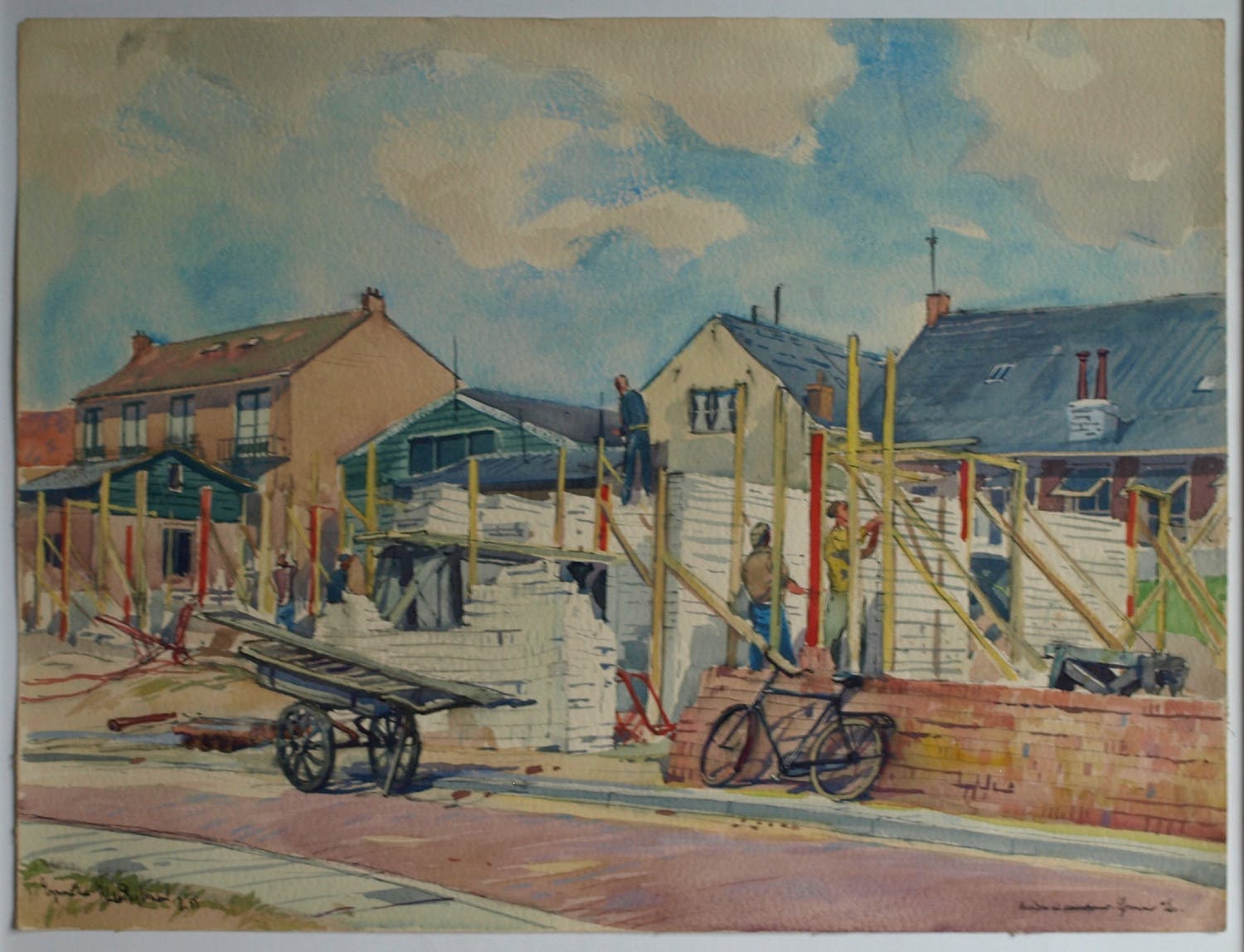 Klaas Pijlman - Ingelijste aquarel , “Huizen in aanbouw in Egmond aan ...