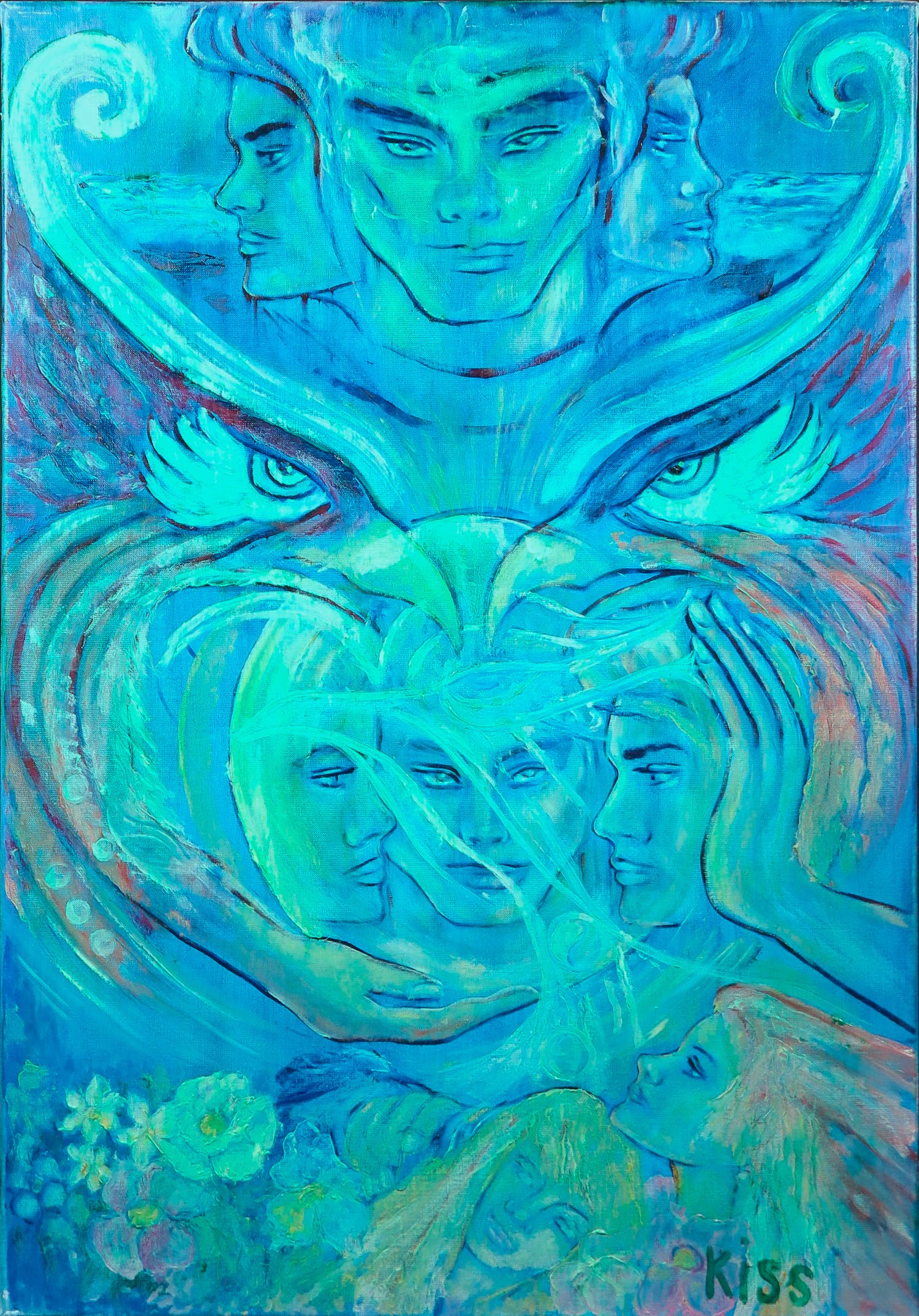 Kiss Riemvis - Olieverf op doek, z.t. Fantasy figuren en adelaars ...