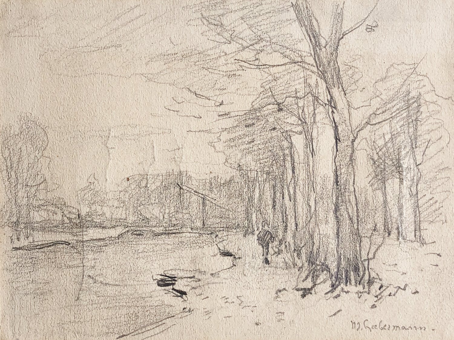 Max Liebermann - Wandelaar langs rivier Verkocht | Kunstveiling.nl