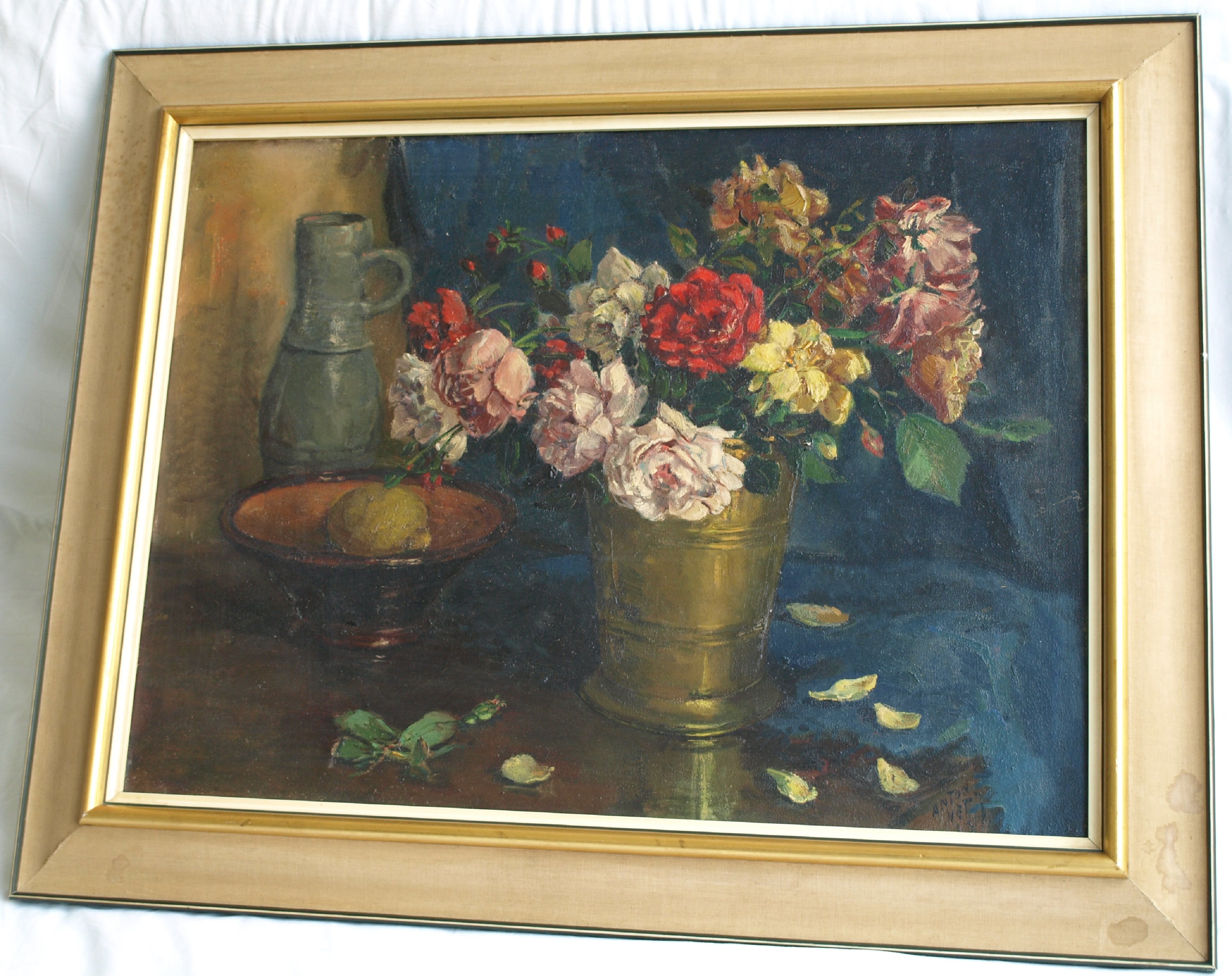 Anton van der Vet - Olieverf op doek , Stilleven met rozen in koperen ...