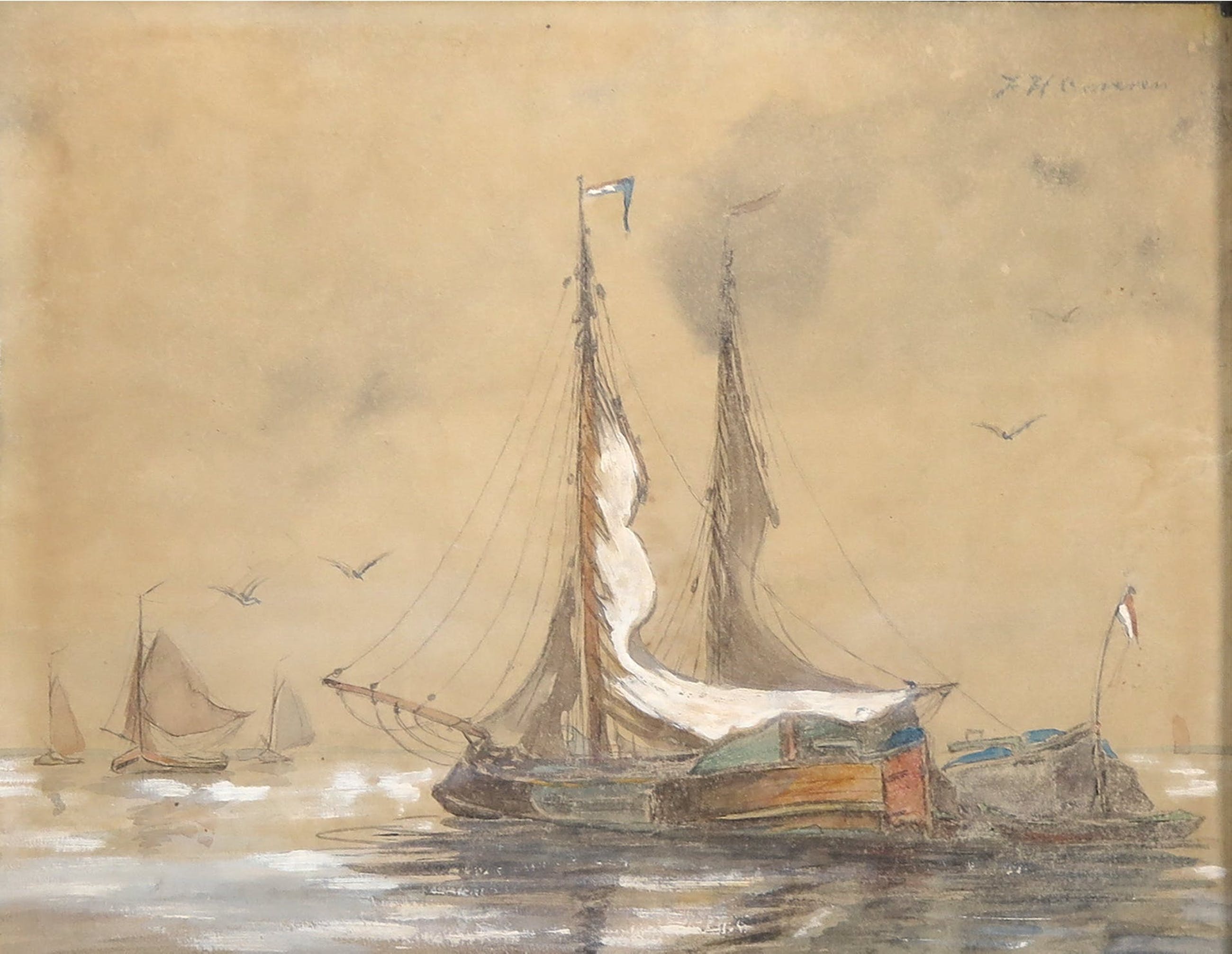 J. H. Oeveren - Aquarel, Boten op zee Verkocht | Kunstveiling.nl