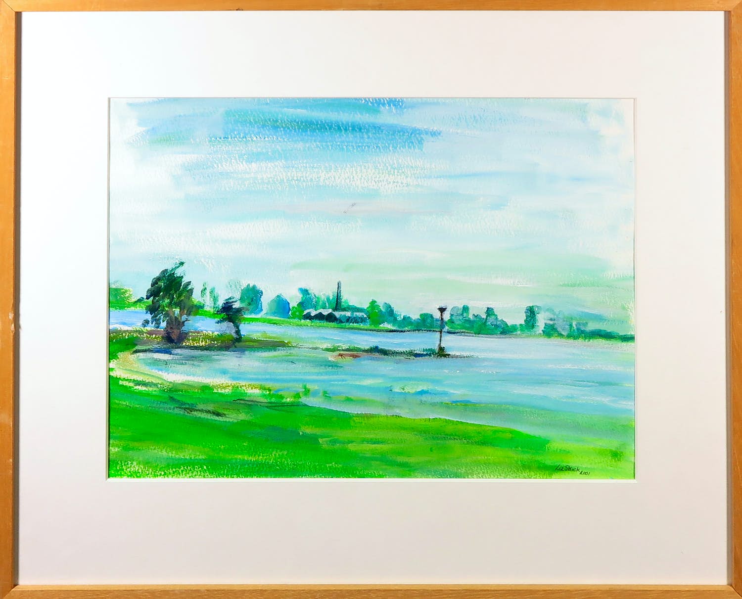 Liz Strick - Acryl op papier, Uiterwaarden Neder-Rijn I - Ingelijst Verkocht | Kunstveiling.nl