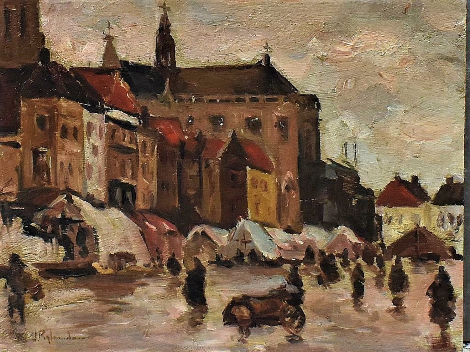 Jan Rijlaarsdam - Stadsgezicht met dagmarkt Verkocht | Kunstveiling.nl